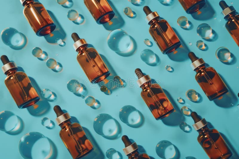 Group of Brown Bottles on Blue Background. Perfect for Product ...