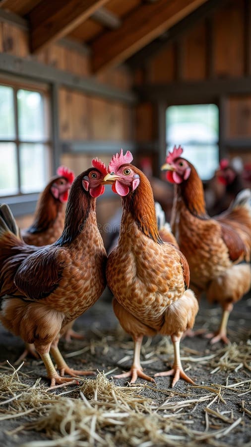 Group of Brown Chickens in a Barn with Wooden Interior and Natural ...