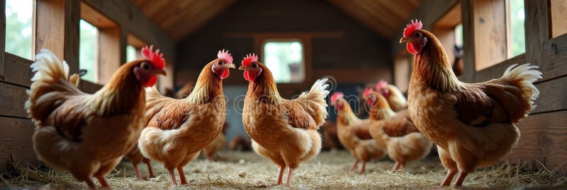 Group of Brown Chickens Inside a Wooden Coop with Straw Flooring Stock ...