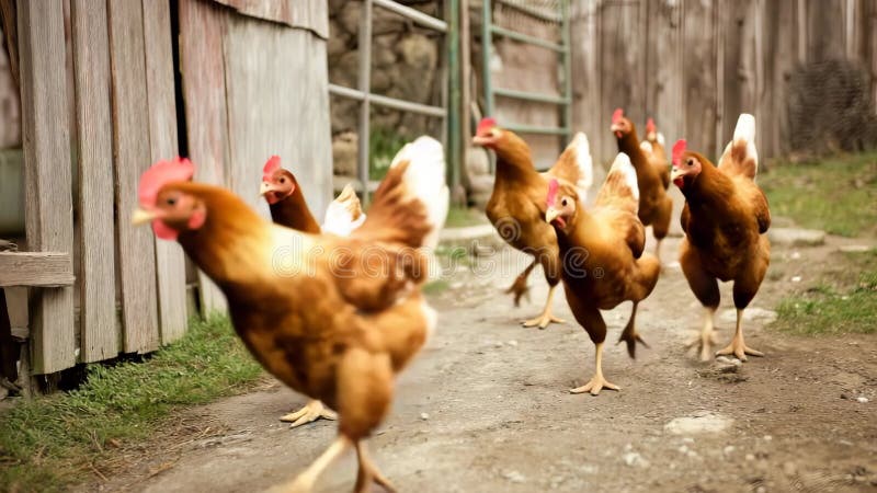 Group of Brown Chickens Running Along a Dirt Path Near a Rustic Wooden ...