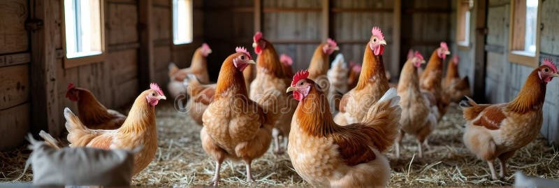 Group of Brown Chickens in a Rustic Coop with Straw Floor and Wooden ...