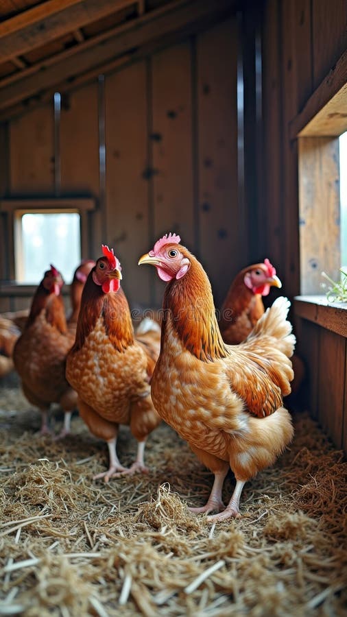 Group Brown Chickens Wooden Coop Straw Bedding Natural Light Stock ...