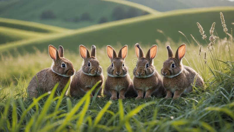 Group of Brown Rabbits Sitting on Top of a Lush Green Field. Stock ...