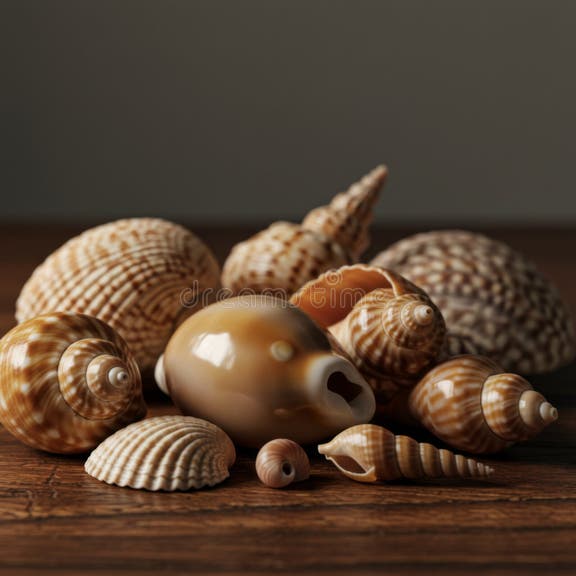Group of Brown Seashells on Wooden Surface Stock Illustration ...