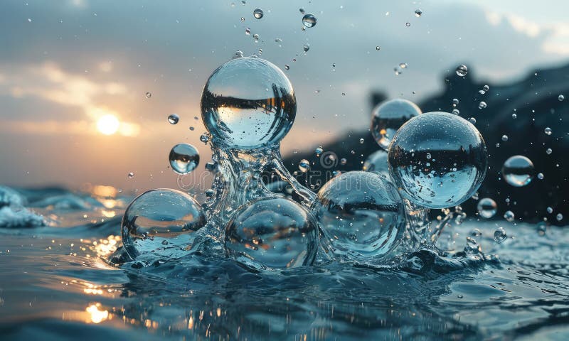 A Group of Bubbles are Floating in the Water, with the Sun Setting in the Background. Stock ...