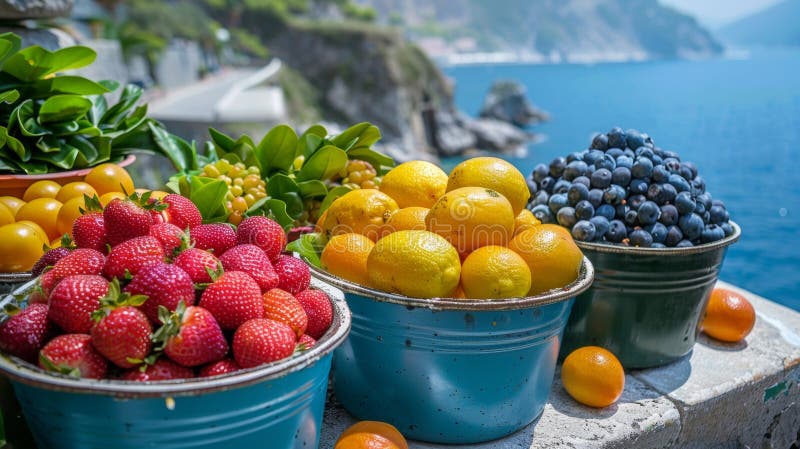 A Group of Buckets Filled with Fruit on a Table Near the Ocean, AI ...