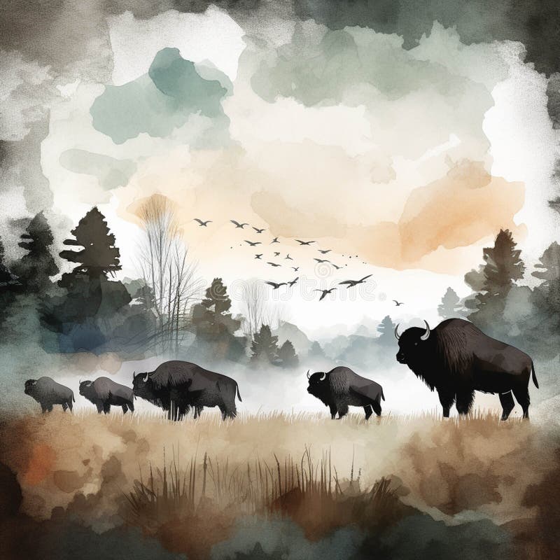A Group of Buffalo are Walking through a Forest Stock Illustration ...