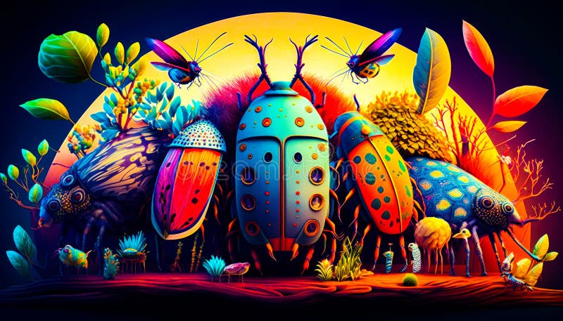 Group of Bugs Sitting on Top of Field. Fantasy Stock Illustration ...