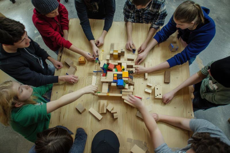 Group Build a Structure with Blocks Together To Create a Complex Design ...