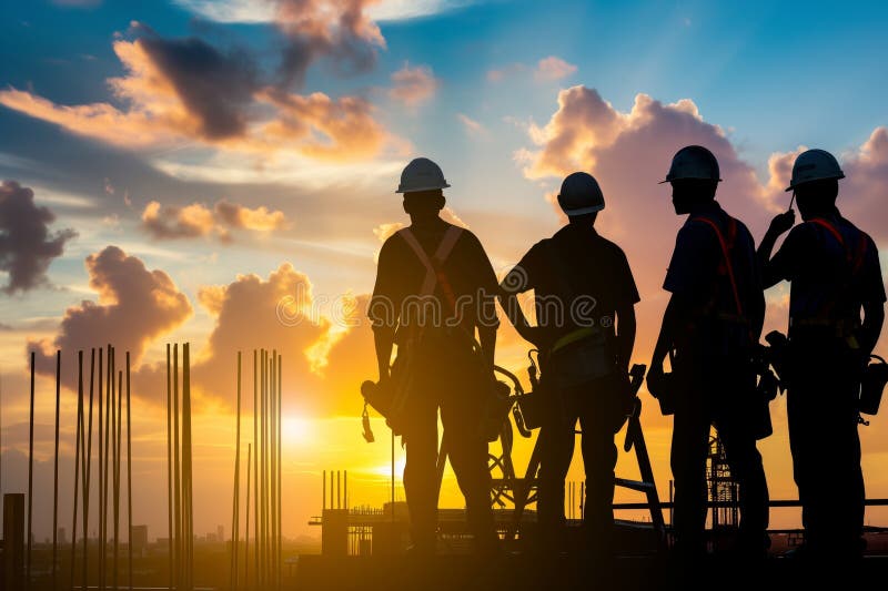 Group of Builders with Helmets Against Sunset Sky Stock Photo - Image ...