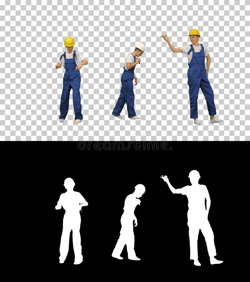 Group of Builders Walk in the Frame and Dance, Alpha Channel Stock ...