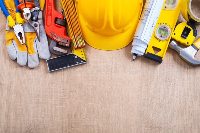 Group of Building Objects on Oak Wooden Board Stock Image - Image of ...