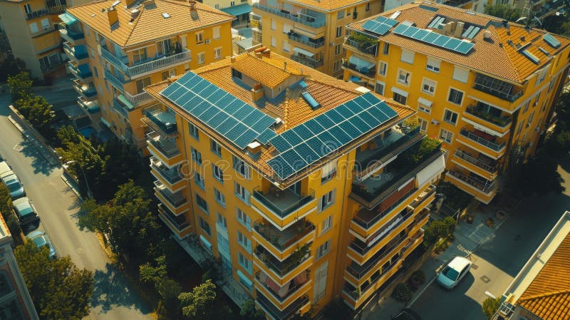 Group of Buildings with Solar Panels Stock Photo - Image of ...