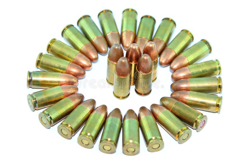 Gun and Group of Bullets or Ammunition and after Shoot ,before Clean ...
