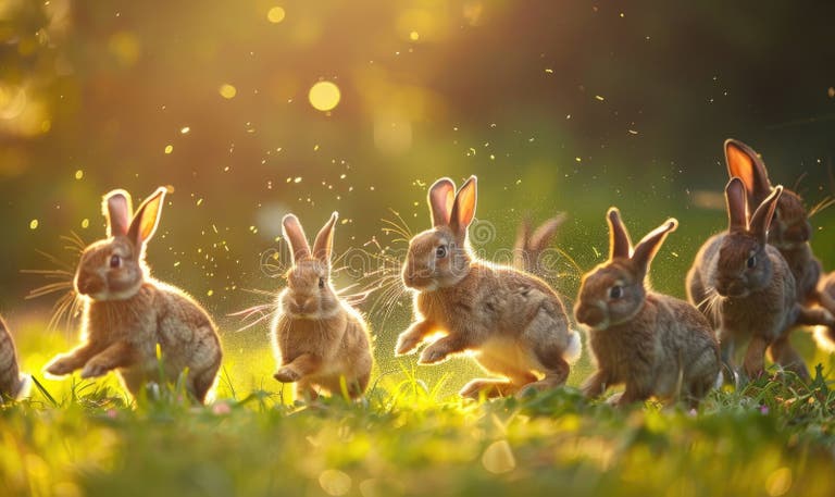 A Group of Bunnies Hopping through a Field Stock Photo - Image of ...