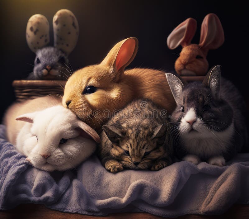 Group of Bunnies and Kittens on Bed. Generative AI Stock Illustration ...