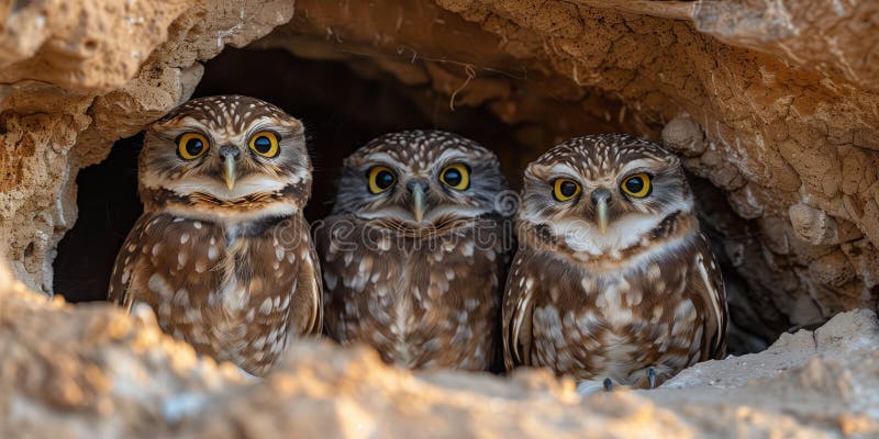 Group of Burrowing Owls (Athene Cunicularia) in Underground Nest Stock ...