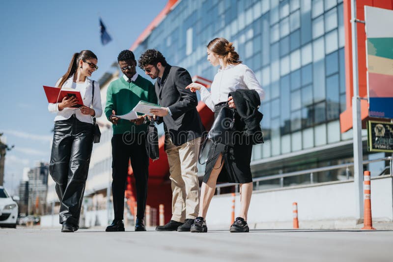 Corporate Professionals in a Casual Meeting Outdoors on a Sunny Day in ...