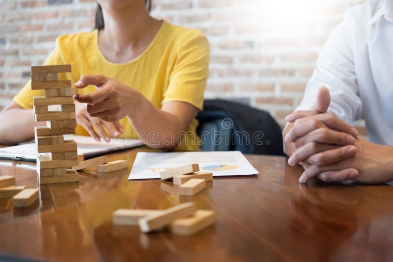 Group of Business Creative People Building Tower by Wooden Block Stock ...