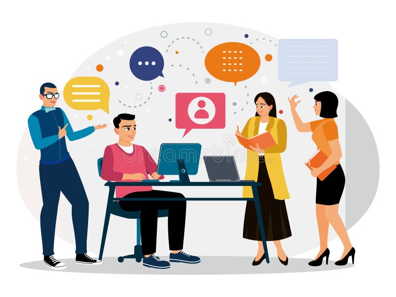 Group of Business People Discussing with Computers and and Speech ...