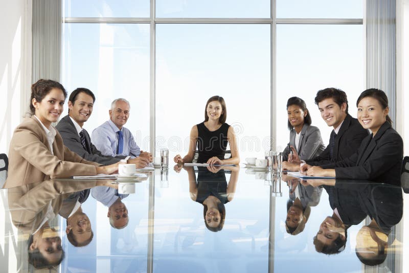 Group of Business People Having Board Meeting Around Glass Table Stock ...