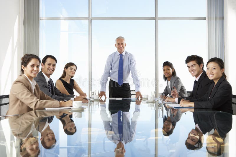 Group of Business People Having Board Meeting Around Glass Table Stock ...