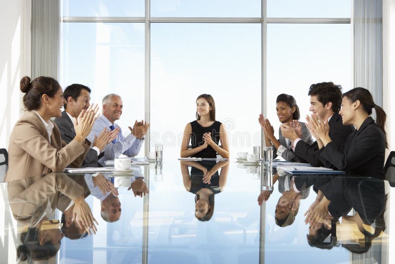Group of Business People Having Board Meeting Around Glass Table Stock ...