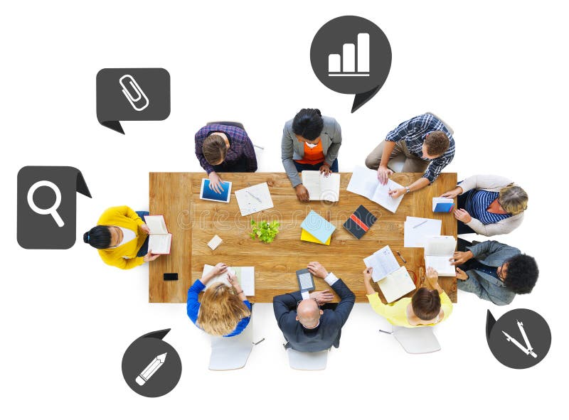 Group of Business People in a Meeting with Speech Bubbles Stock Photo ...