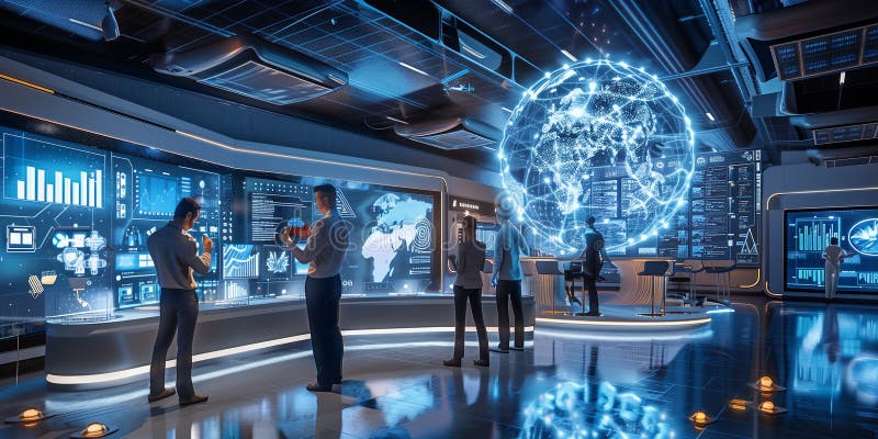 Group of Business People in Modern Interior Working with Virtual ...