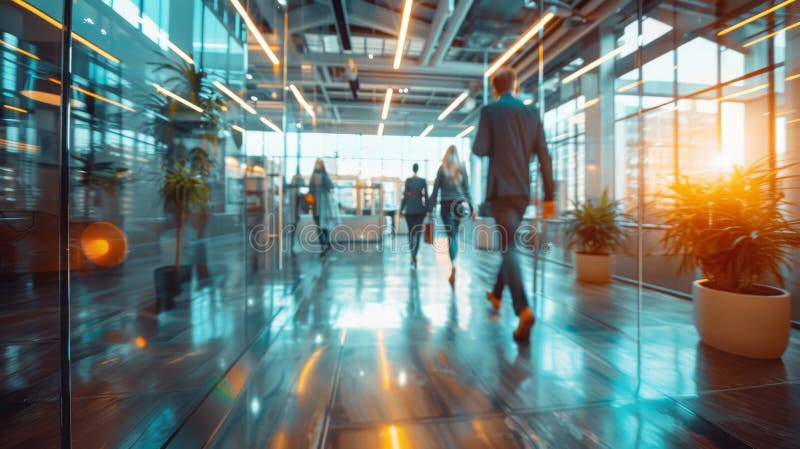 Group of Business People in Motion Inside an Office with Glass Walls ...