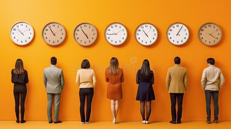 Group of Business People Standing in Front of a Wall with Clocks ...