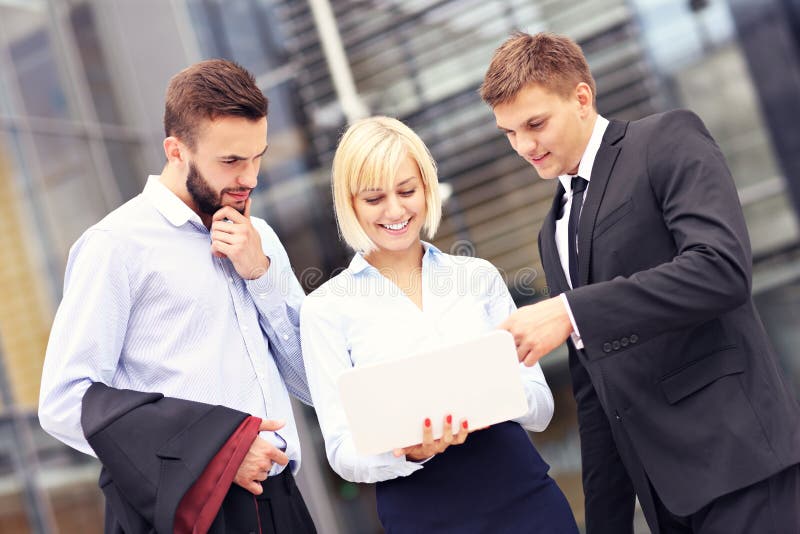 Group of Business People Standing Outside Modern Building with C Stock ...