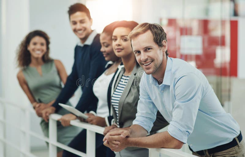 Group, Business and People Standing by Railing for Communication ...