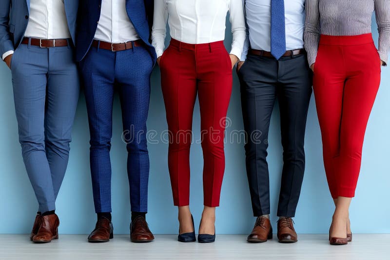 A Group of Business People Standing in a Row Wearing Red and Blue Pants ...