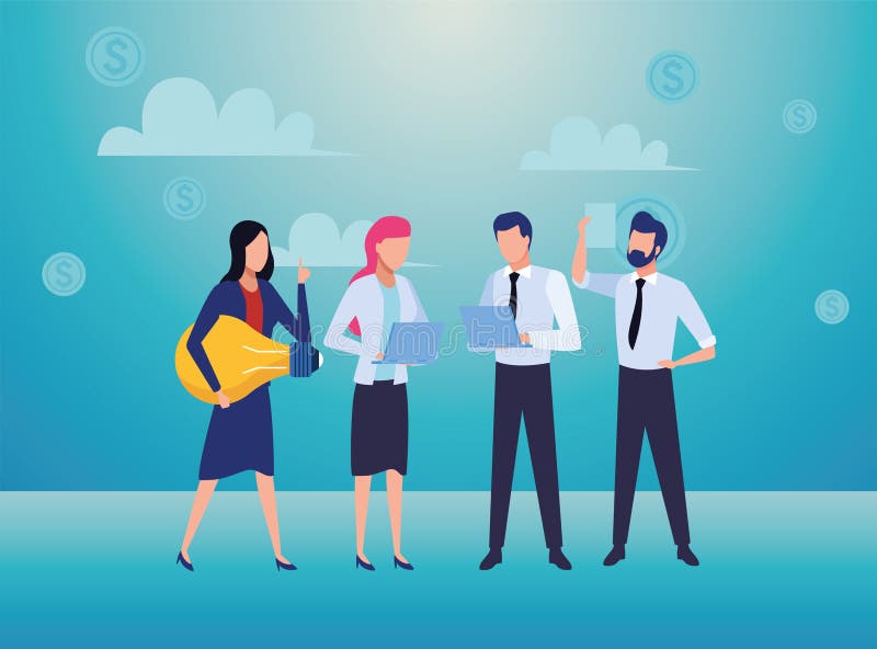 Group of Business People Teamwork with Bulb and Documents Characters ...