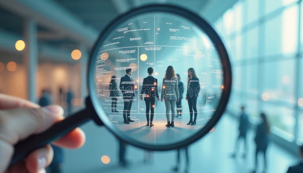 Group of Business People Viewed through Magnifying Glass. Digital Data ...