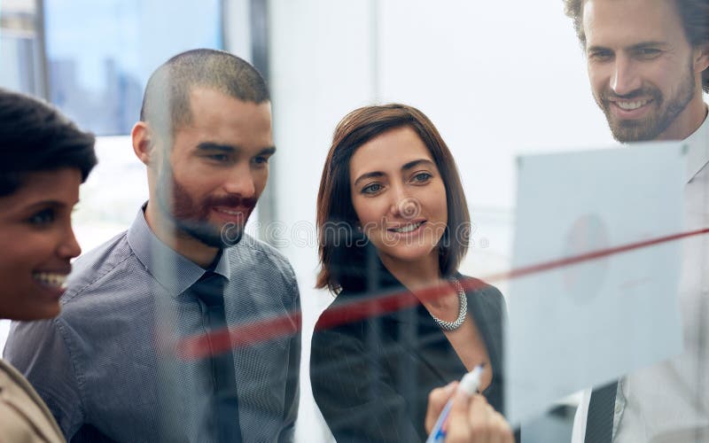 Group, Business People and Writing on Glass Wall for Planning, Problem ...