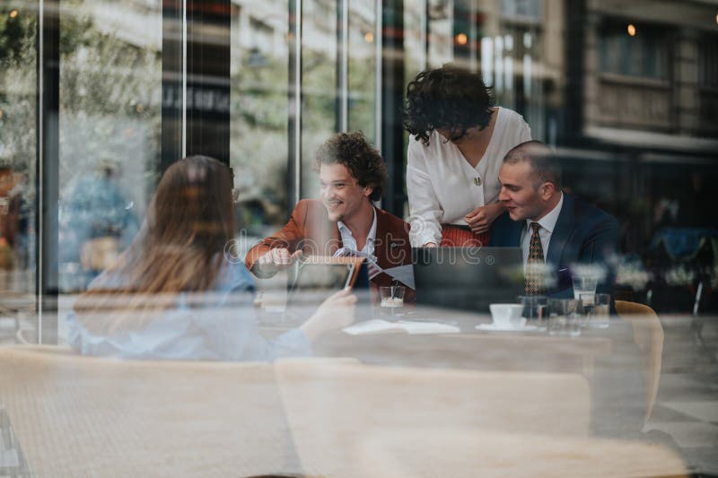 Group of Business Professionals Collaborating in Modern Coffee Bar ...