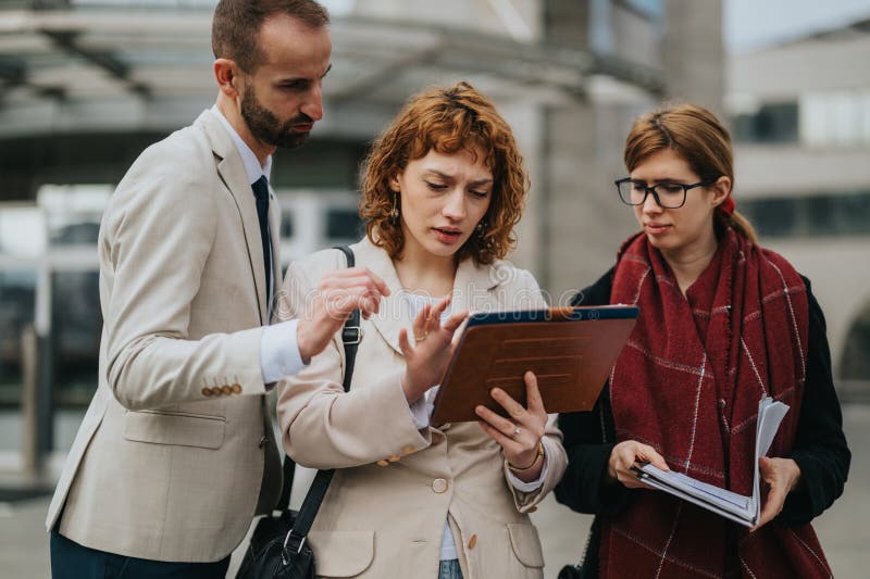 Group of Business Professionals in Discussion Outdoors, Analyzing ...