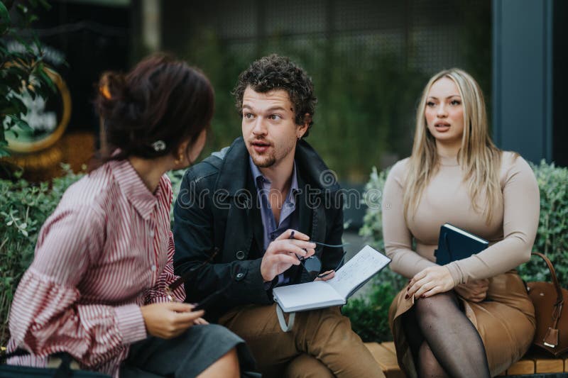 Business Team Engaged in a Collaborative Discussion Outside the Office ...