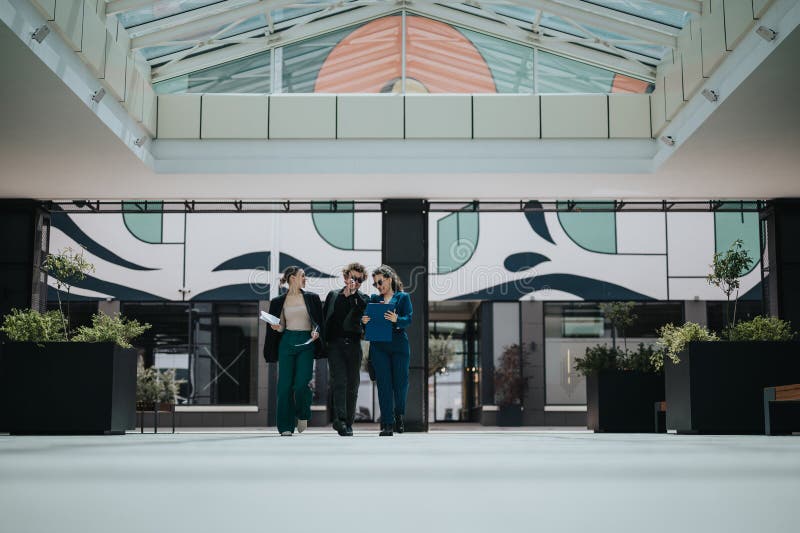 Group of Business Professionals Walking and Discussing Work in Modern ...