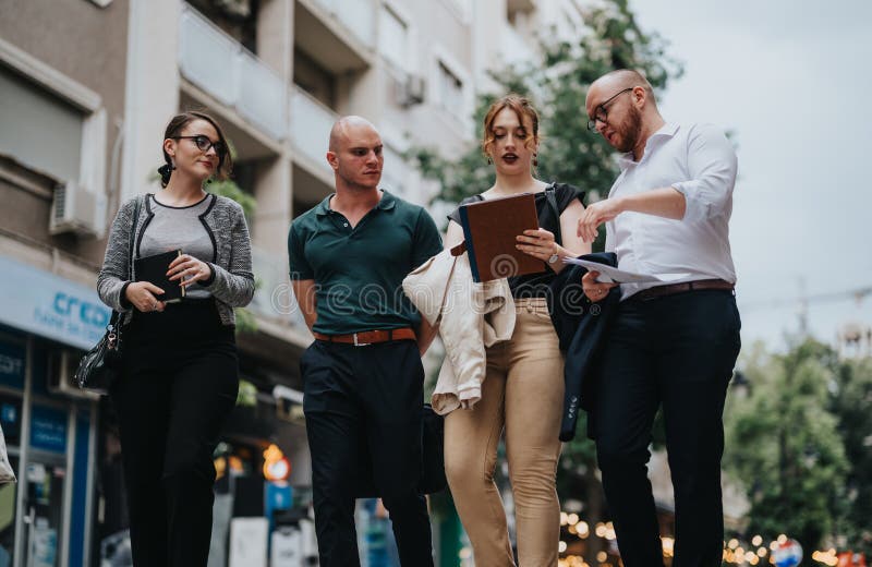 Group of Business Professionals Walking and Discussing Work Outdoors ...