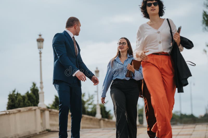 Group of Business Professionals Walking Outdoors, Engaging in ...