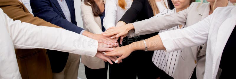 Group of Business Team Harmonious with Man and Woman Joining Hands ...