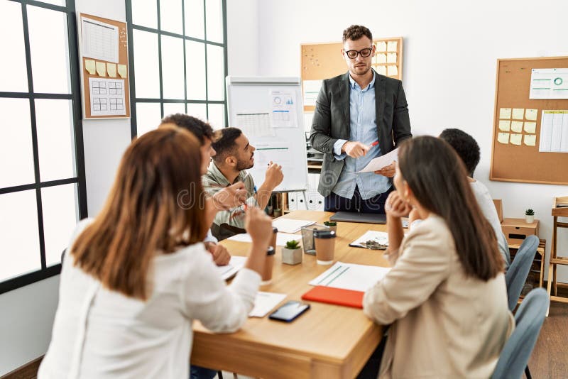 Group of Business Workers Listening Boss Conference during Meeting at ...