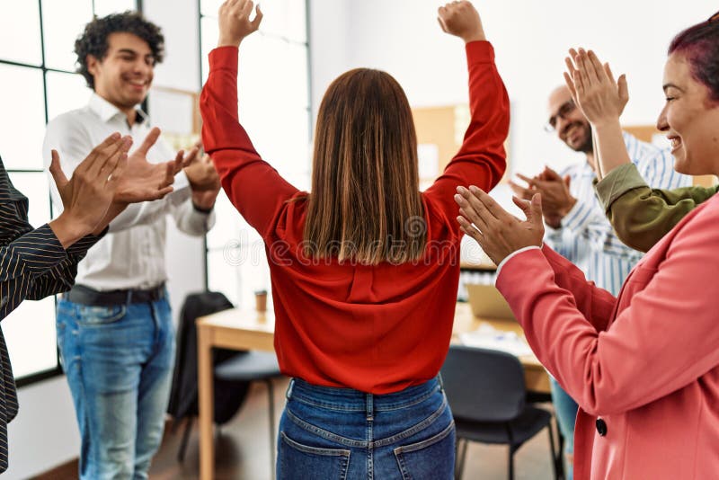 Group of Business Workers Smiling and Clapping To Partner Standing at ...