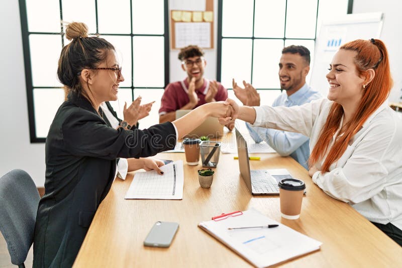 Group of Business Workers Smiling and Clapping To Partners Handshake at ...
