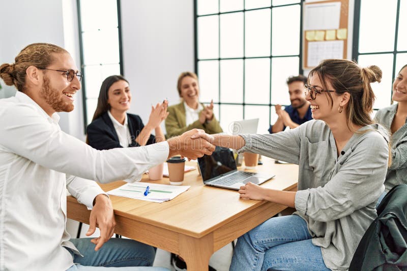Group of Business Workers Smiling and Clapping To Partners Handshake at ...