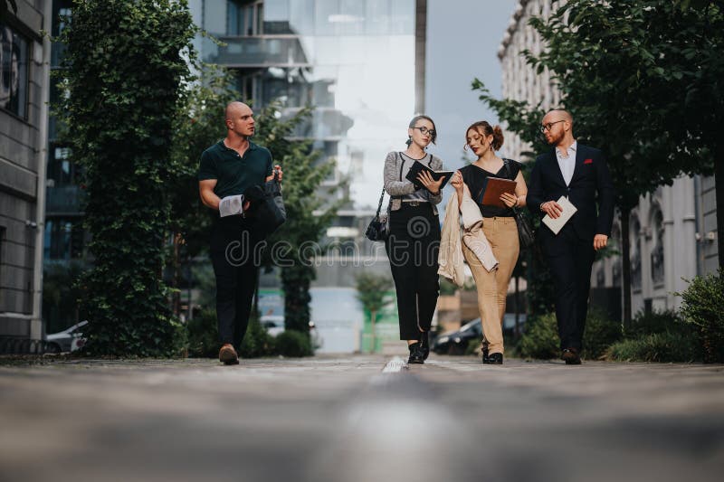 Group of Businesspeople Walking and Discussing Documents Outdoors in ...