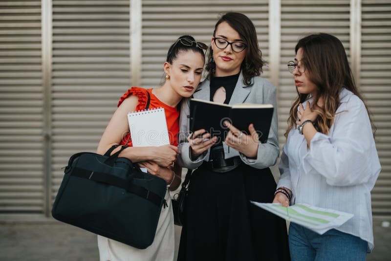 Young Businesswomen Collaborating Outdoors Documents Ideas Meeting ...